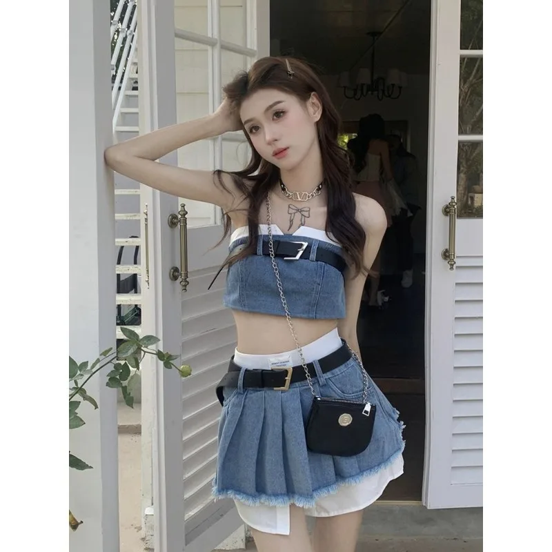 Spicy Girl Fashion Cowboy Bra Tank Top Pleated Skirt Two Piece Set ...