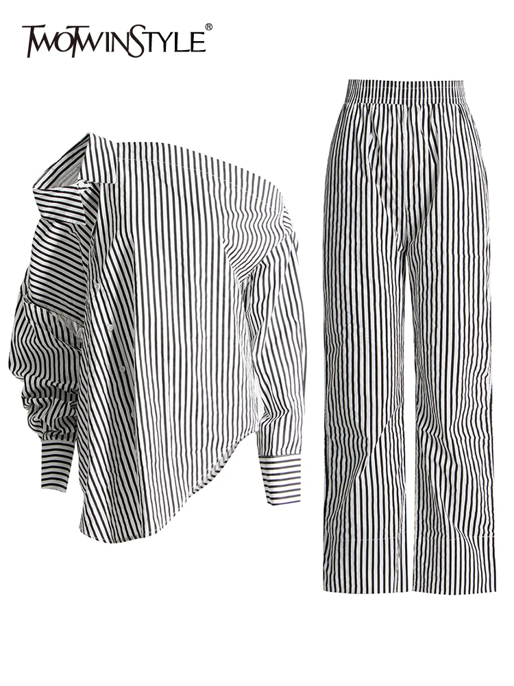 TWOTWINSTYLE-Striped-Two-Piece-Set-Womens-Lapel-Long-Sleeve-Shirt-High ...