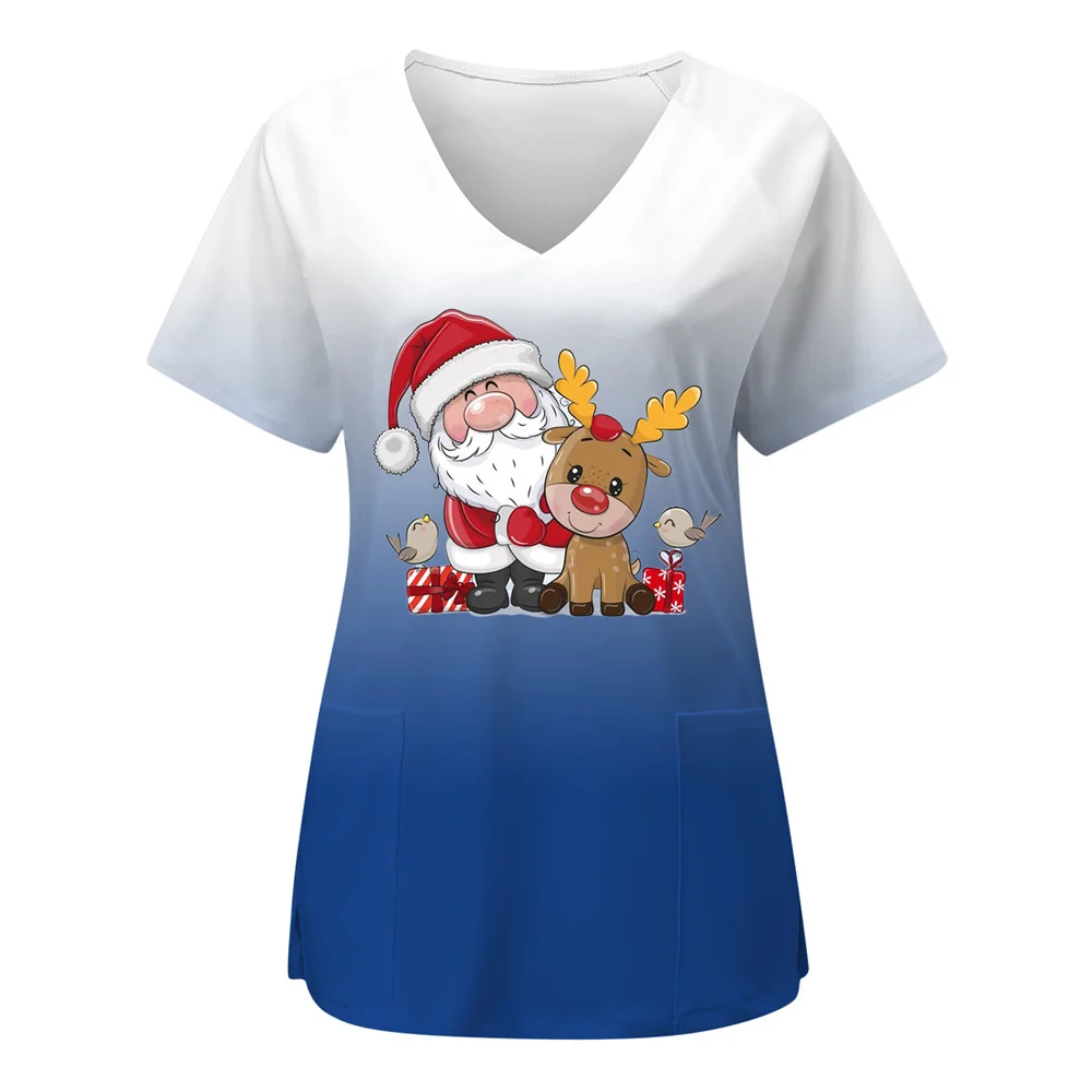 Christmas-Santa-Print-Scrubs-Top-Short-Medical-Uniforms-Women-Pocket ...