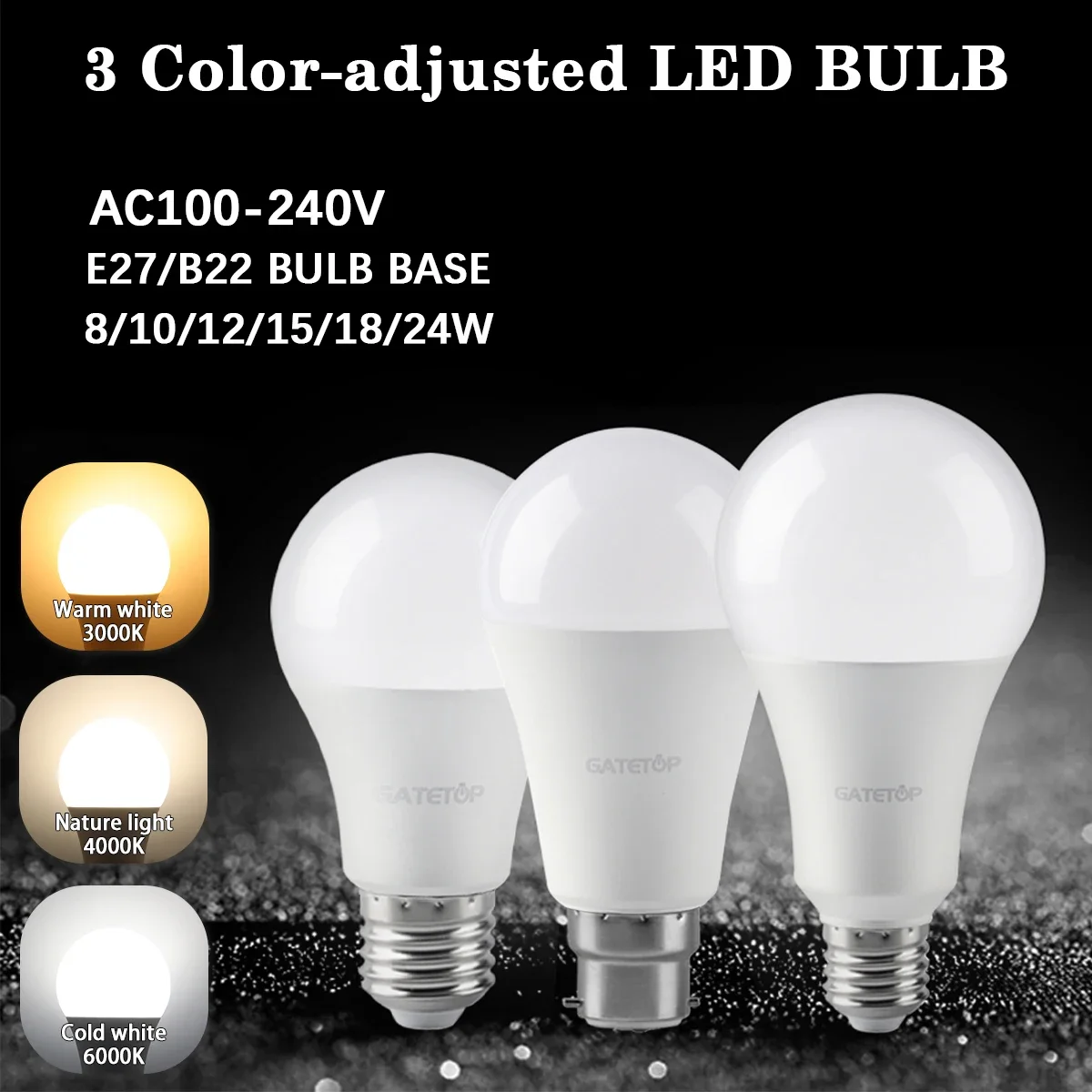 4pcs E27 B22 Light Bulb 3 Color Temperature AC 220V 100V 18W 24W CCT ...