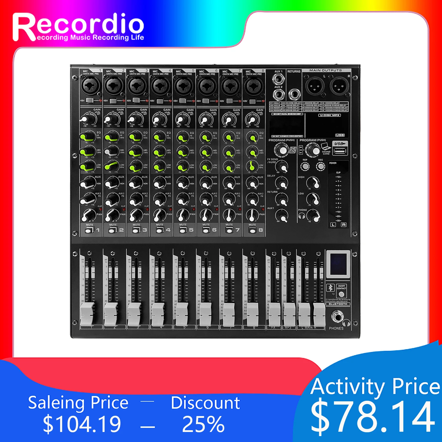 GAX M8 Pro 8 채널 DJ 오디오 믹서, 256 DSP 리버브 효과, BT 5.0 USB 믹서, 노래방 PC 녹음 ...