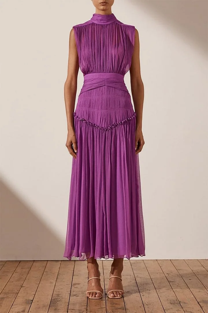 Solid Color Stand Up Collar Pleated Dress, Summer Fashion Pleated Edge ...