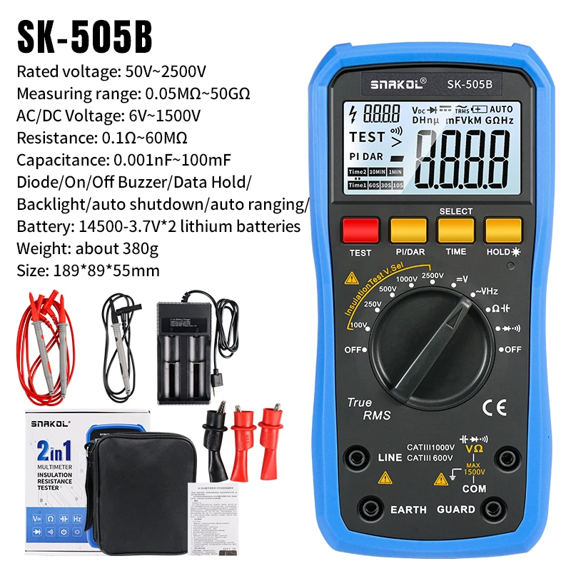 SK-505B Digital Megohmmeter Multimeter 2-in-1 2500V Insulation ...