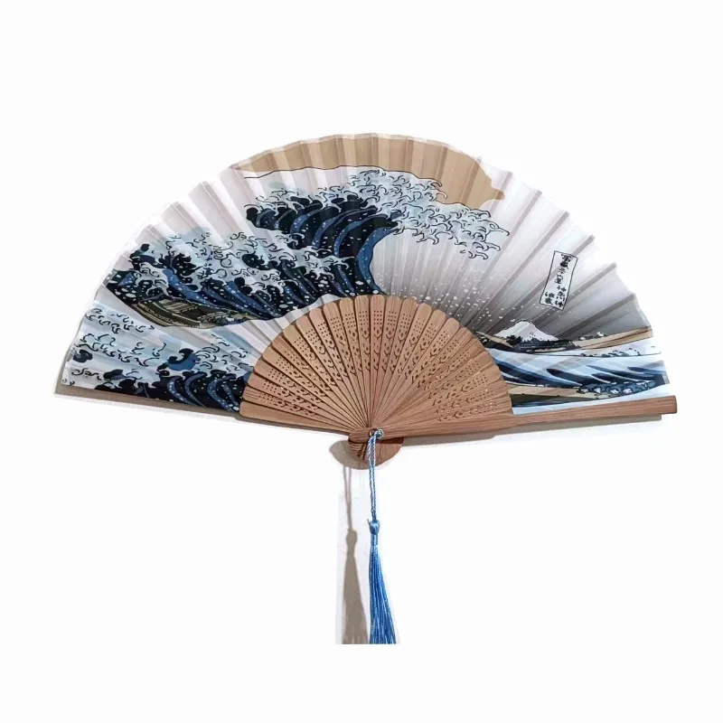 1PC-Japanese-Style-Silk-Bamboo-Fan-Kanagawa-Wave-Female-Fan-Vintage ...