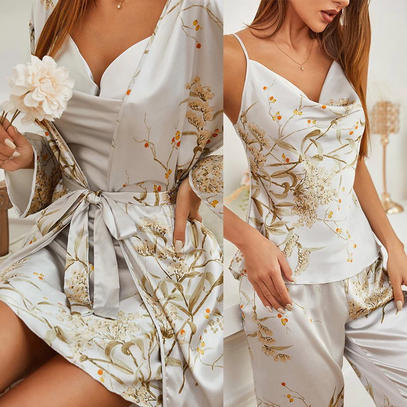 Four-Pieces-Pajamas-Set-Printed-Little-Cherry-Sleepwear-Women-Satin ...