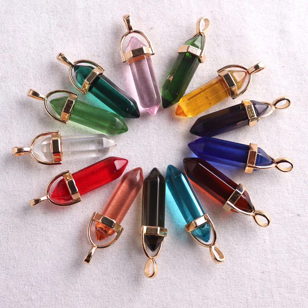 50pcs-lot-Assorted-Natural-Stone-Pendants-Glass-Mixed-Color-Charms-Hexagonal-Pointed-Healing ...