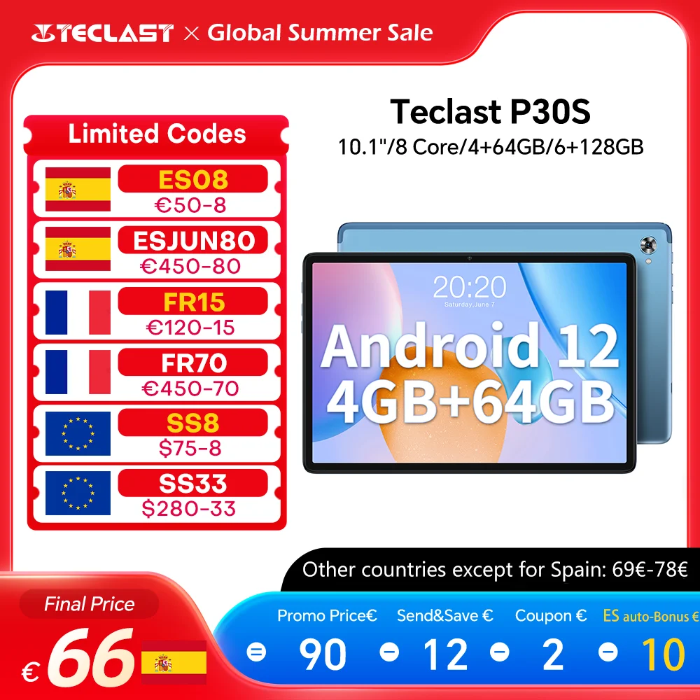 Tablet Teclast P30S, 10,1 cala, Android 12, IPS, 4 GB/6 GB LPDDR4X, 64 GB/128 GB pamięci ROM ...