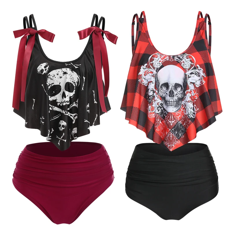 Women-s-Bikinis-Skull-Print-Bowknot-Detail-Padded-Tankini-Set-Gothic ...