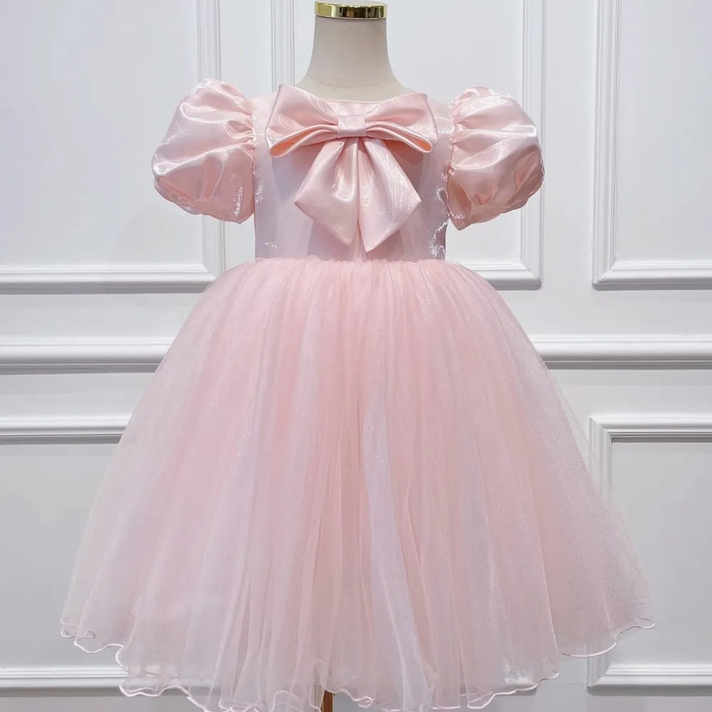 Pink-long-dress-baby-bow-bubble-sleeve-mesh-girl-princess-puff-sleeve ...