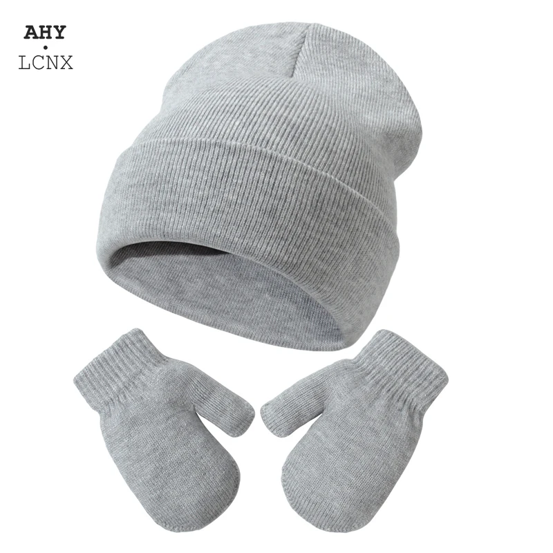 2Pcs Pure Color Baby Beanie Hat Gloves Set Autumn Winter Warm Kids ...