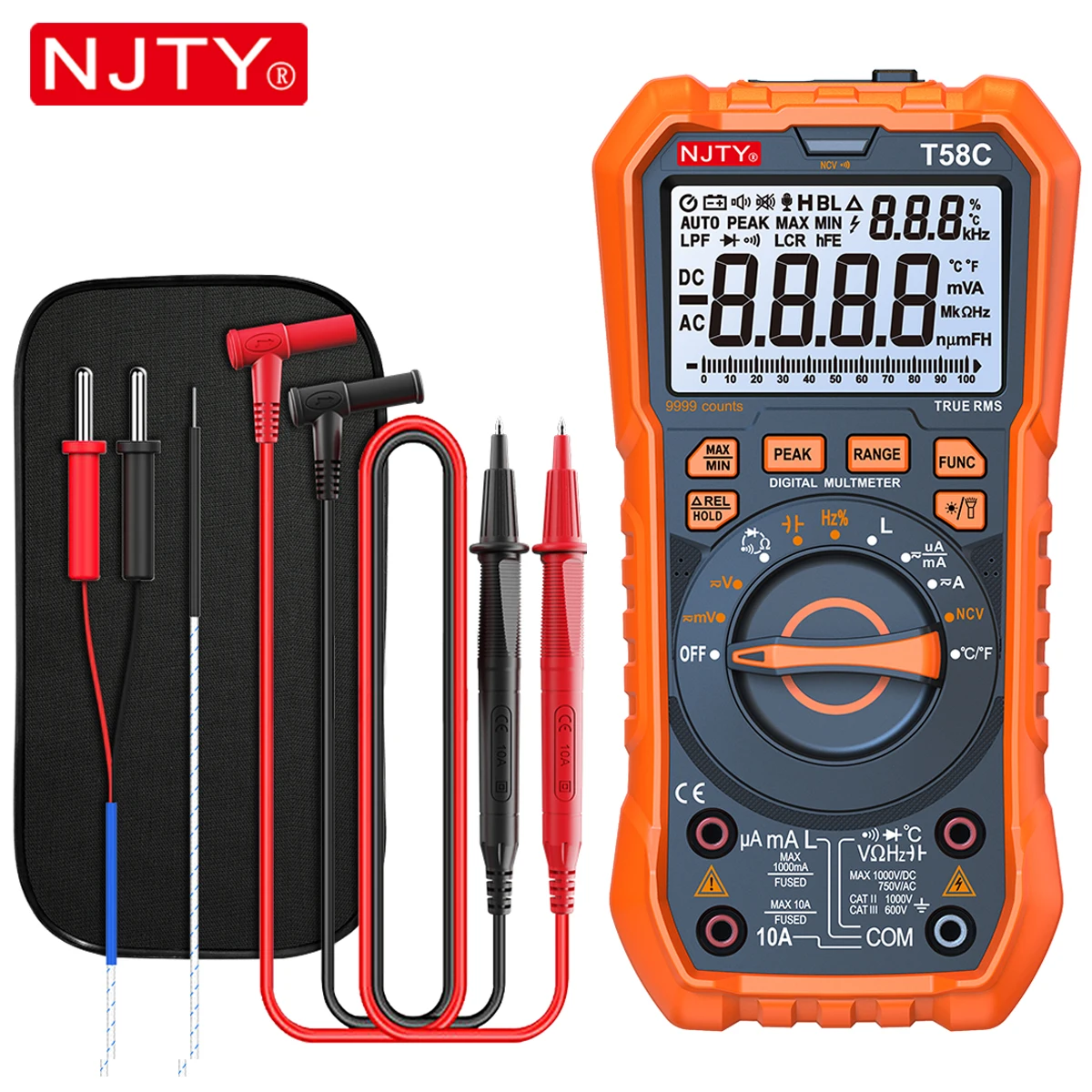 NJTY T58B T58C Digital Multimeter 9999 Counts Auto Range LED Flashing ...