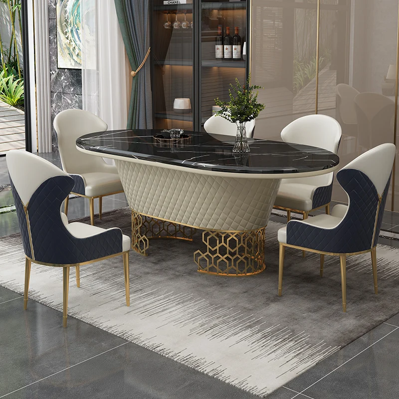 Luxury Dining Table Set with 6 Stainless Steel Leather Chairs and Oval Marble Table – Perfect ...