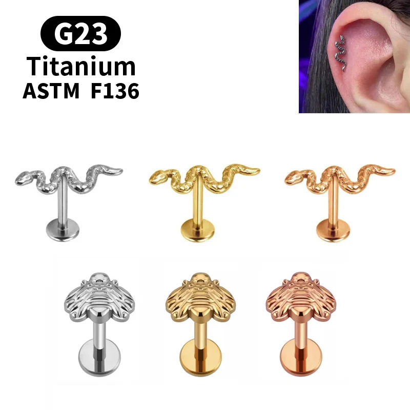 G23 Titanium Snake Stud Earrings 16G Internal Thread Bees Labret Lip ...