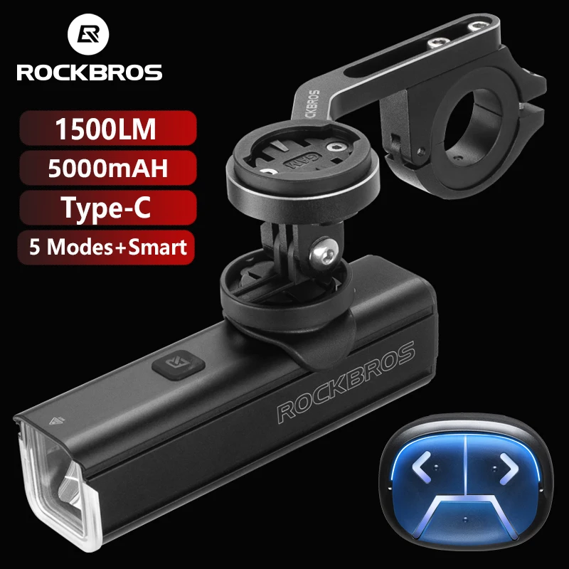 ROCKBROS 1500LM 5000mAH Bike Light Remote Control Smart Bicycle Front ...