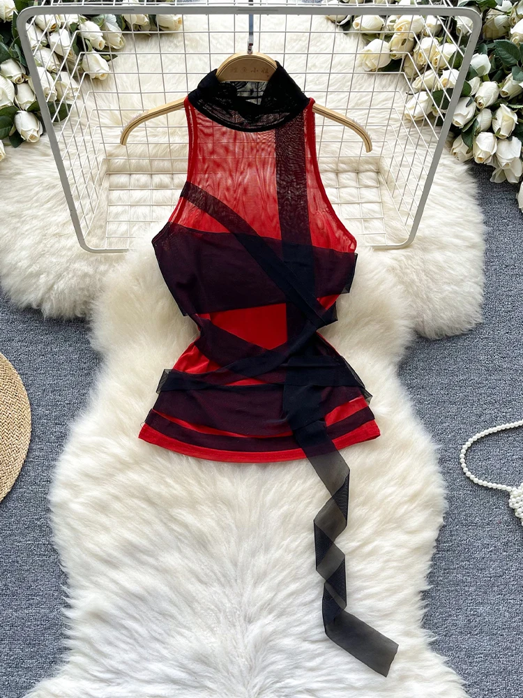 Women Red Mesh Crop Top 90s Vintage Y2k Camisole Off Shoulder Bandage ...