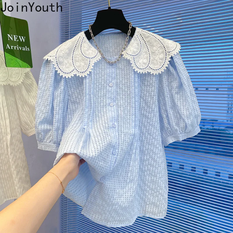 2023 여성용 블라우스 빈티지 루즈한 블라우스 피터팬 칼라 퍼프 슬리브 여름 셔츠 패션 격자 무늬 블라우스 여성