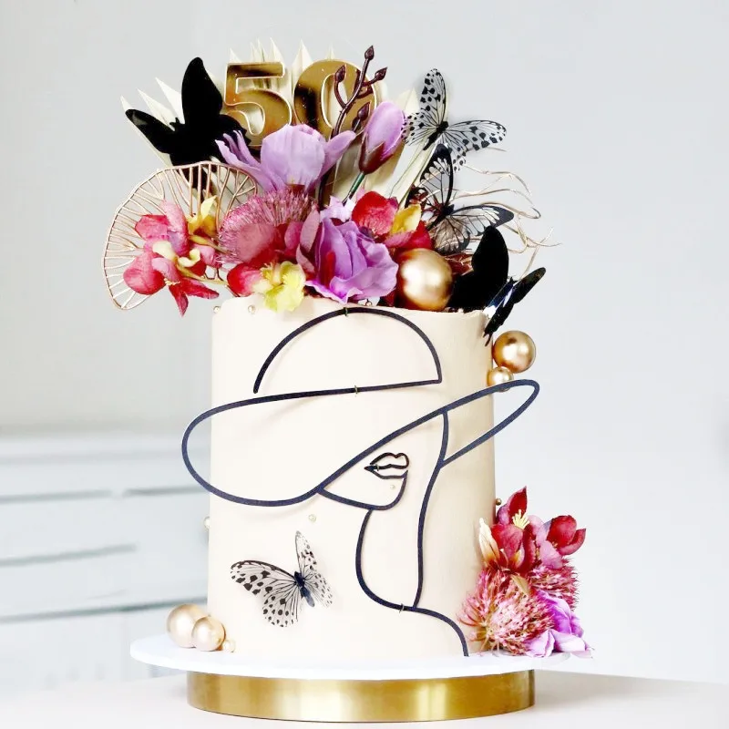 New Abstract Happy Birthday Cake Topper Sketch Face Black Acrylic ...