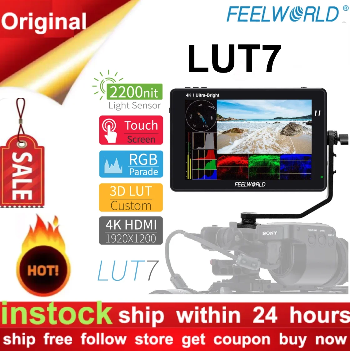 FEELWORLD LUT7 터치 스크린 DSLR 카메라 필드 모니터, 파형 벡터스코프 히스토그램, 7 인치 3D LUT 2200nits