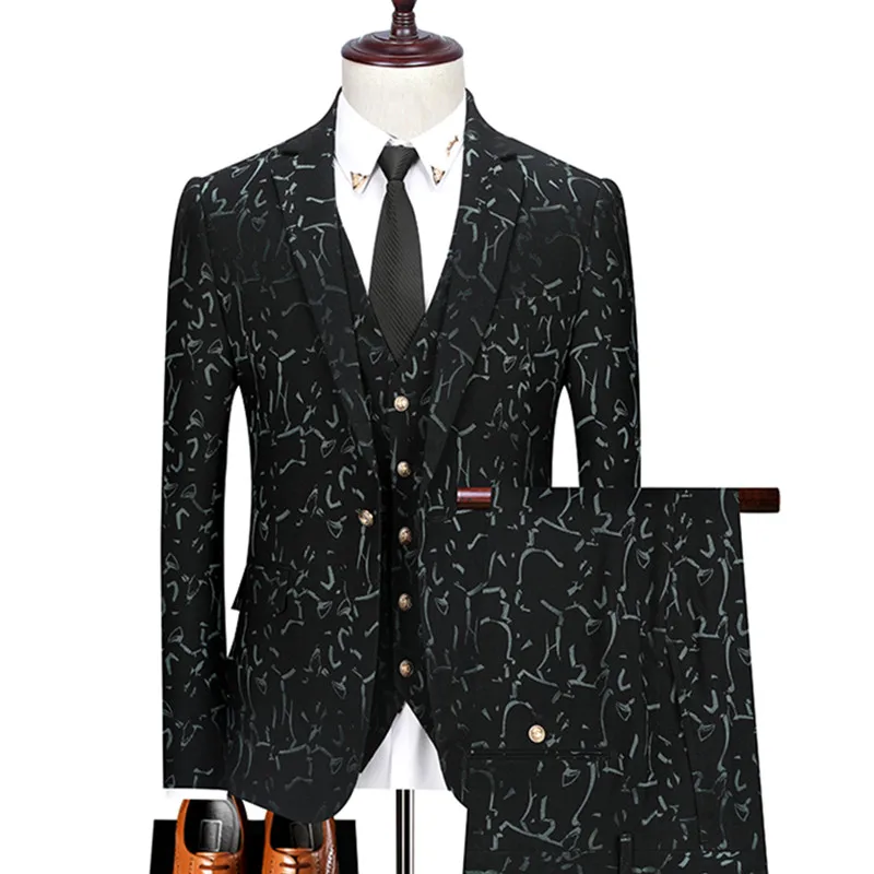 Blazer Pants Vest Men Suits Wedding Dress Floral Print 3 Piece Set Male ...