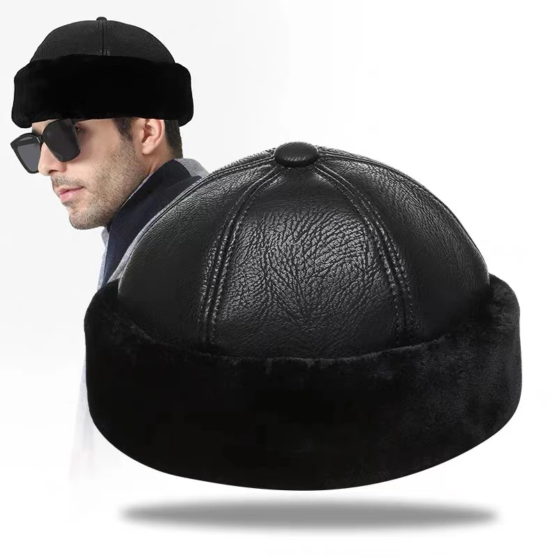 Fashion Vintage PU Beanie Hats Men Women winter Landlord Hat Streetwear ...