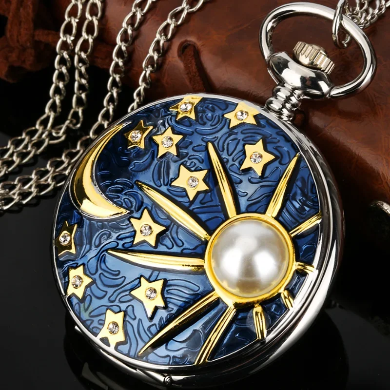 Collier-quartz-toile-et-lune-bleu-mer-en-relief-incrust-de-perle-montre ...