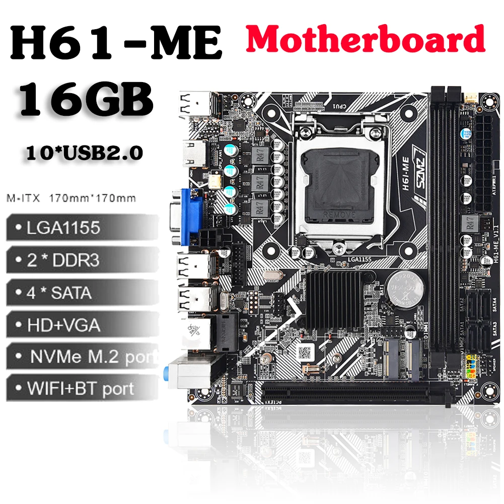 H61-ME 16GB Mini ITX Motherboard LGA 1155 support NVME M.2 and WIFI ...