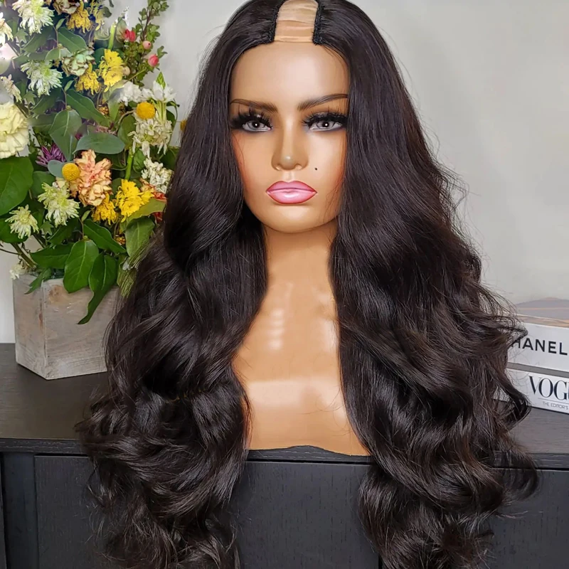 24inch Soft Natural Black Long Body Wave U Part Wig European Remy Human ...