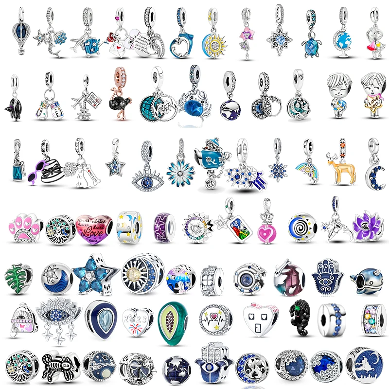 925-Sterling-Silver-Beads-Blue-Fatima-Hamsa-Hand-Dangle-Charms-Fit ...