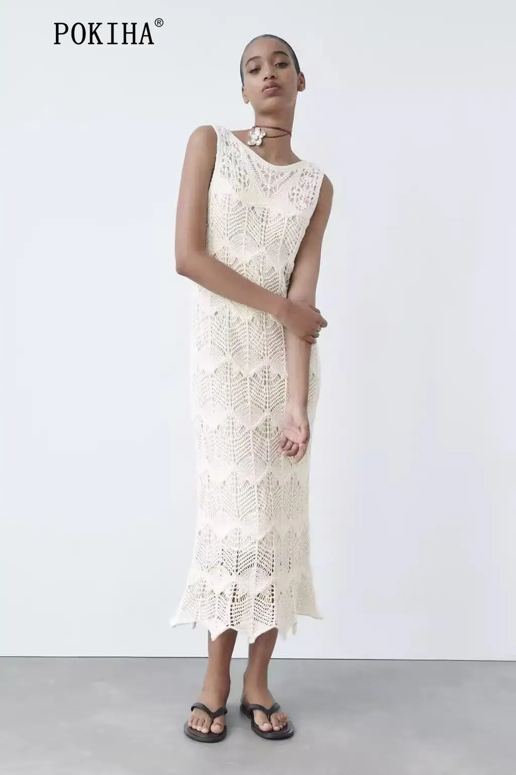 Pokiha-Vestido-Midi-de-Malha-Magro-Branco-para-Mulheres-Vestidos ...