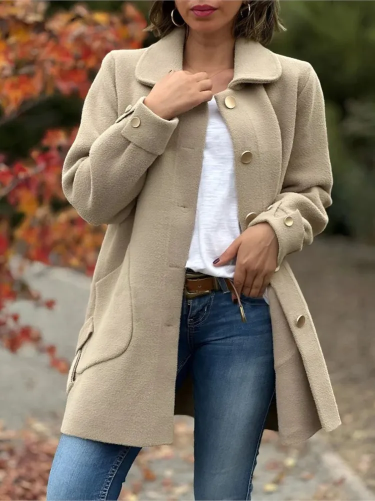 2025 Women's New Casual Jacket Overcoat Autumn Winter Lapel Solid Color ...