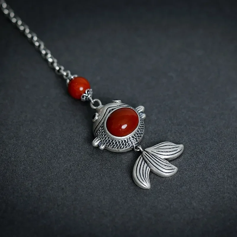 Original 925 Silver Inlay South Red Tourmaline Gold Chinese Style Fish ...