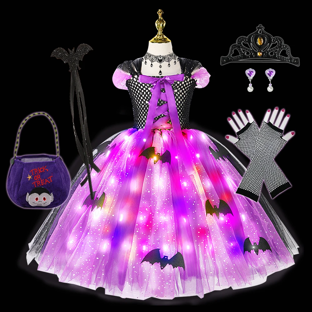 Halloween-Girls-LED-Light-Up-Witch-Costume-Bat-Tutu-Dress-Cosplay ...
