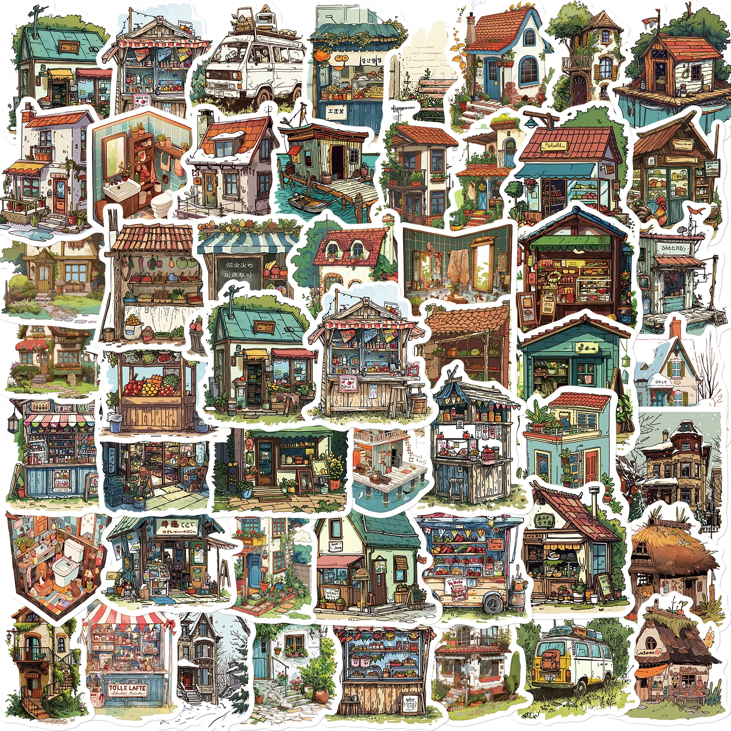 50PCS-Sketching-Small-Scenes-Stickers-Cartoon-Decals-Stationery-Guitar ...