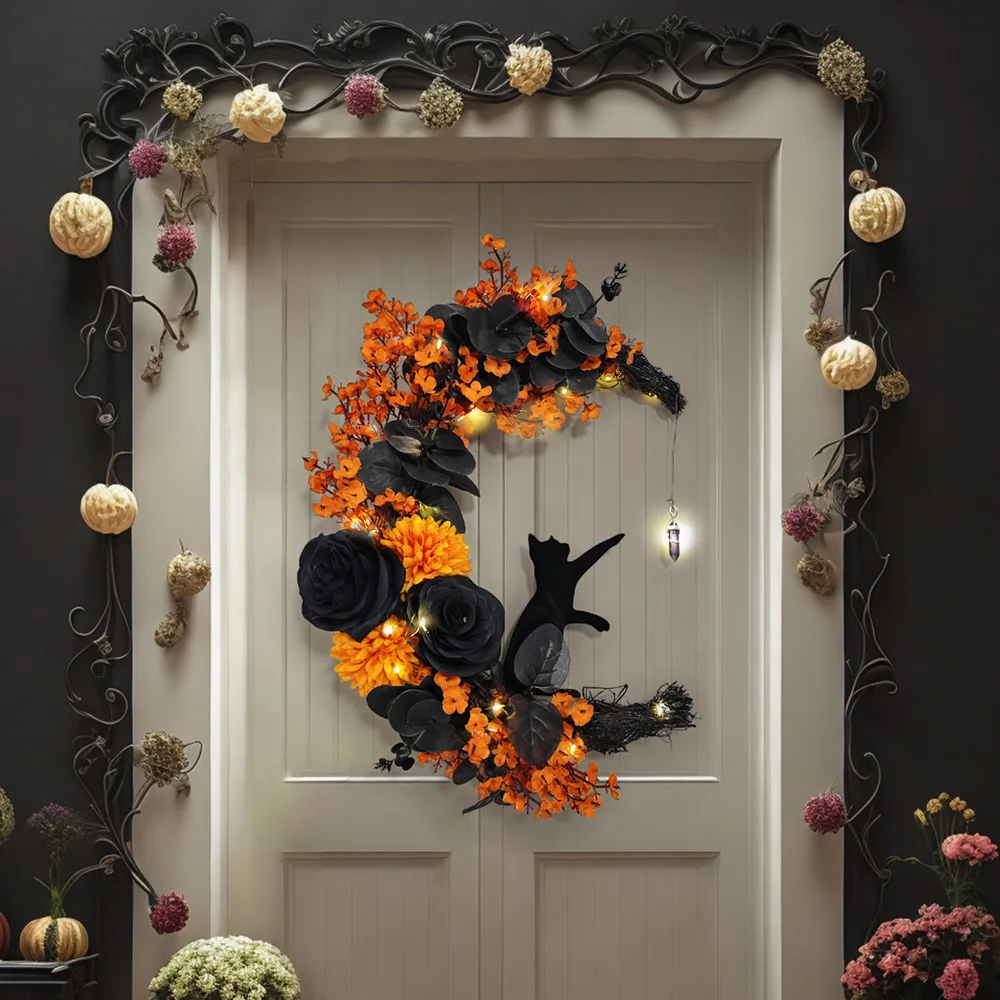 Halloween-Meniscus-Cat-Wreath-Door-Hanging-Creative-Simulation-Plant ...