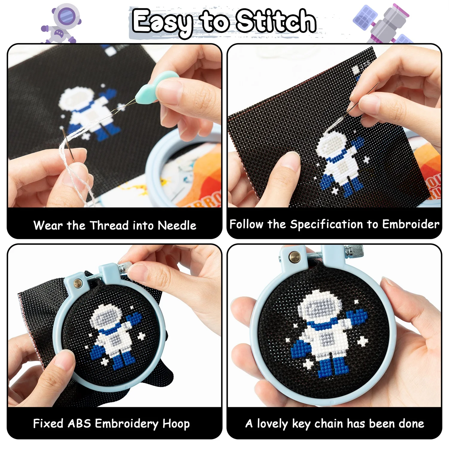 9Pcs-Outer-Space-Cross-Embroidery-DIY-Key-Chain-Craft-Kits-Rocket ...