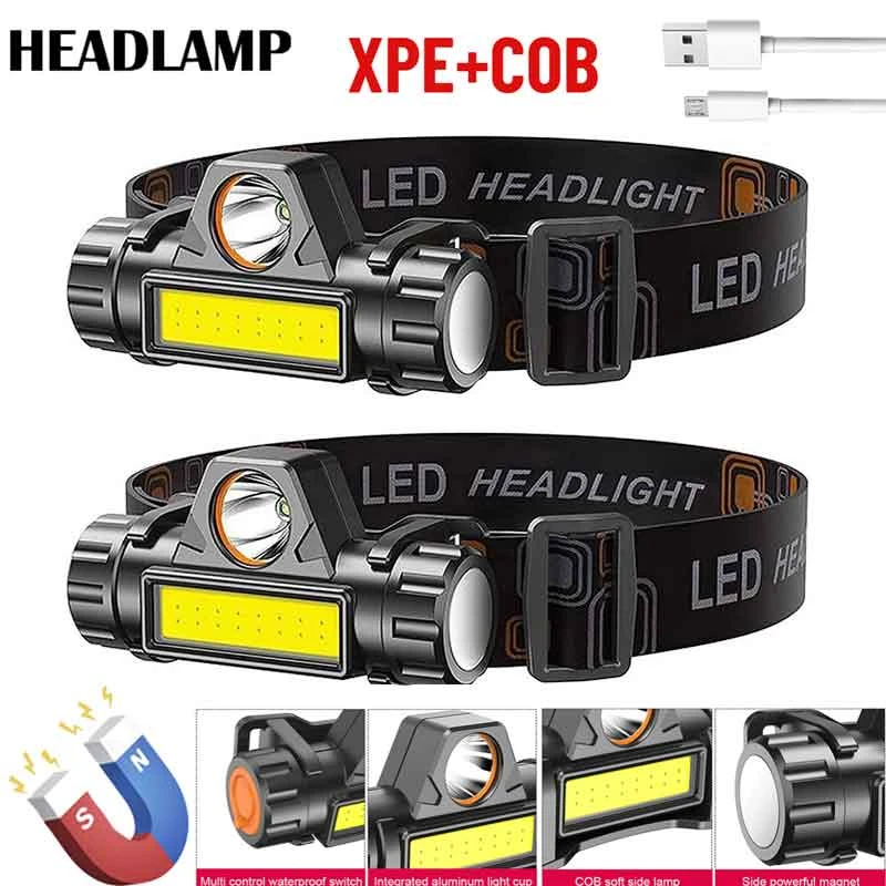 Xpe+cob Led Headlamp Dual Light Source Head Torch Usb Rechargeable ...