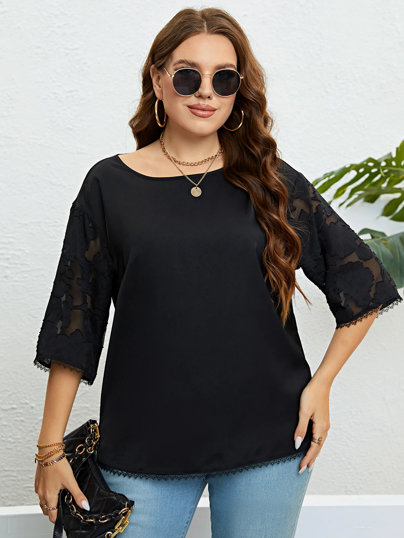 Plus-Size-Black-Sheer-Half-Sleeve-Round-Neck-Blouse-Women-Fashion-2024 ...