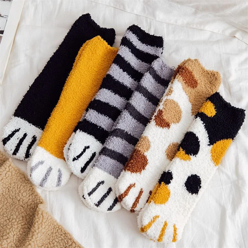 Womens-Cats-Paw-Stripe-3d-Socks-Kawaii-Fun-Thick-Girls-Cartoon-Animal ...