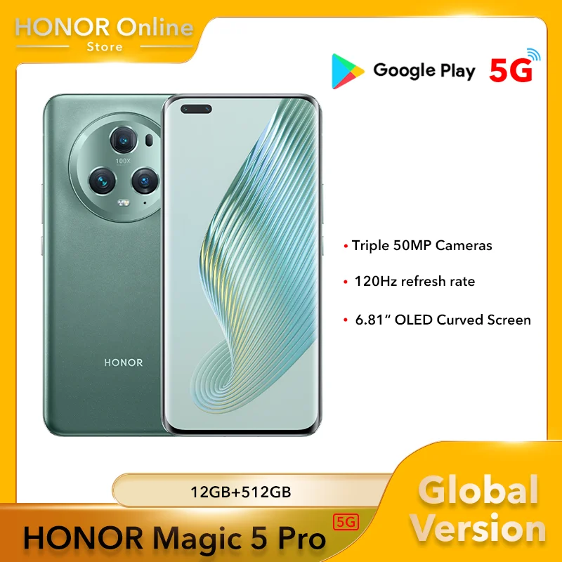 Versão Global Honor Magic 5 Pro Snapdragon 8 Gen 2 12GB 512GB 120Hz Triple 50mp Câmeras 100x ...