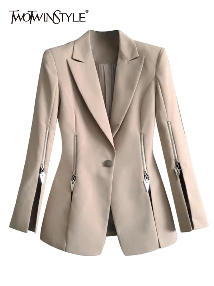 TWOTWINSTYLE-Patchwork-Zipper-Blazers-For-Women-Notched-Collar-Long ...