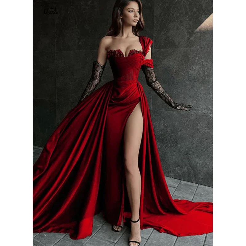 Sexy Red Prom Dress 2024split Sleeveless One Shoulder Whithout Gloves