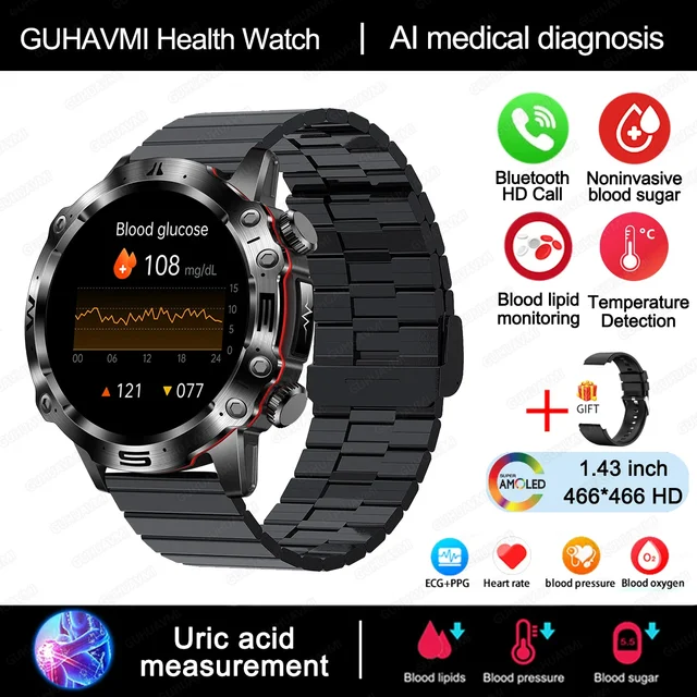 2024 New Blood Lipids Uric Acid Blood Glucose Smart Watch For Men ECG+PPG Fitness Tracker Clock ...