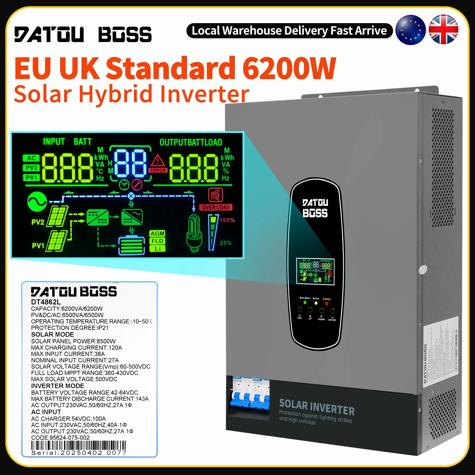 DATOUBOSS 48v Inverter 230v Solar Hybrid 220-240V EU UK Standard ...
