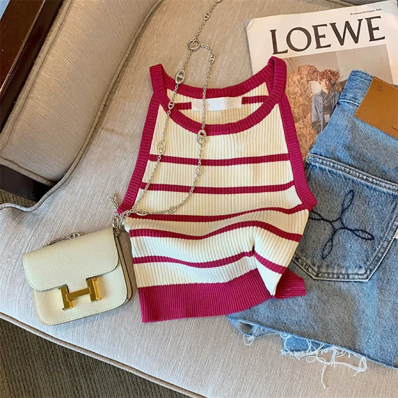 Girls-New-Summer-Red-and-White-Stripe-Knitted-Sleeveless-Top-Korean ...