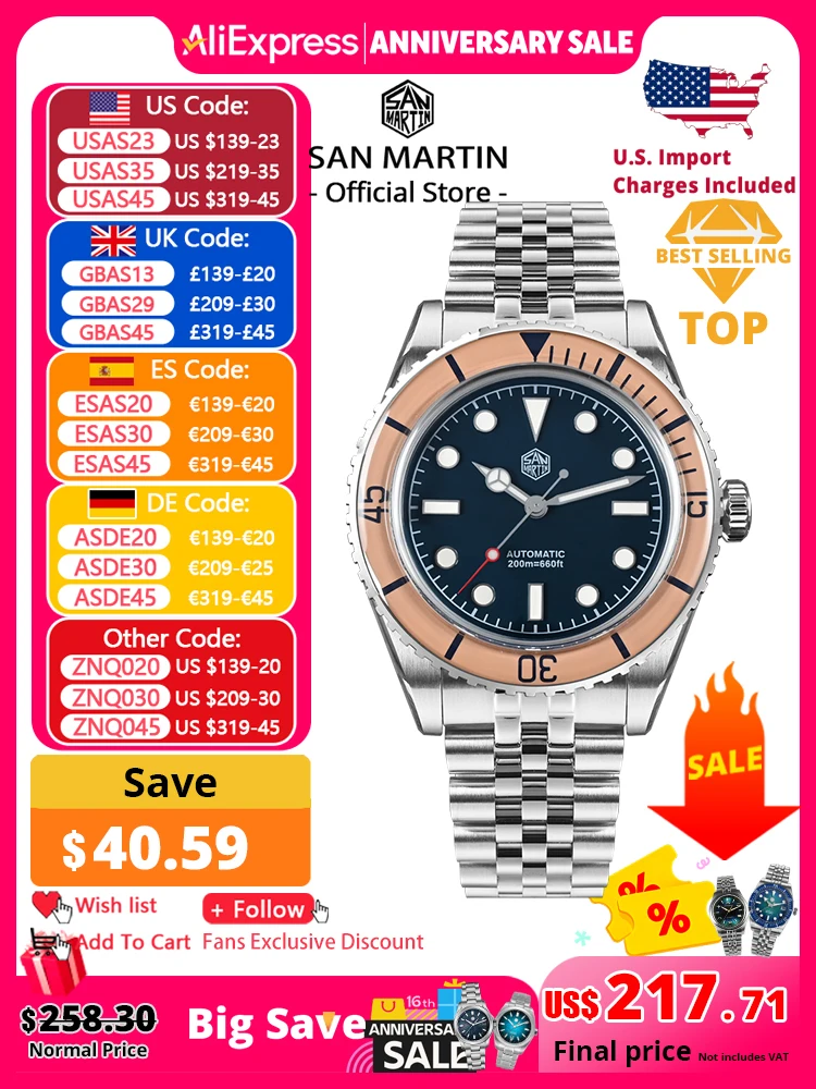 San Martin Vintage Luxury Men Dive Watch 40mm NH35 Automatic Mechanical ...