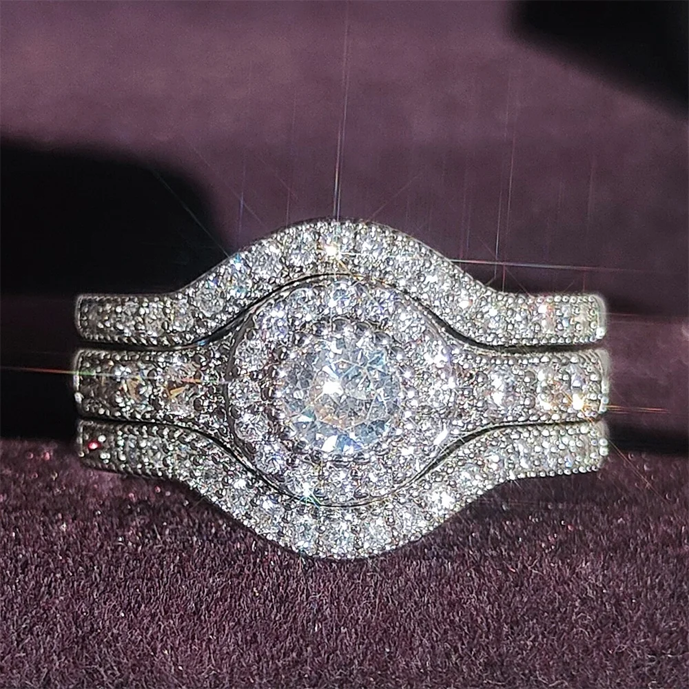 2024-Luxury-Halo-Three-piece-Set-Combination-Silver-Color-Wedding-Ring ...