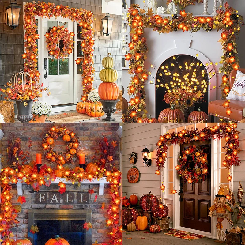 Artificial-Autumn-Maple-Leaves-Pumpkin-Garland-Led-Fairy-Lights-for ...