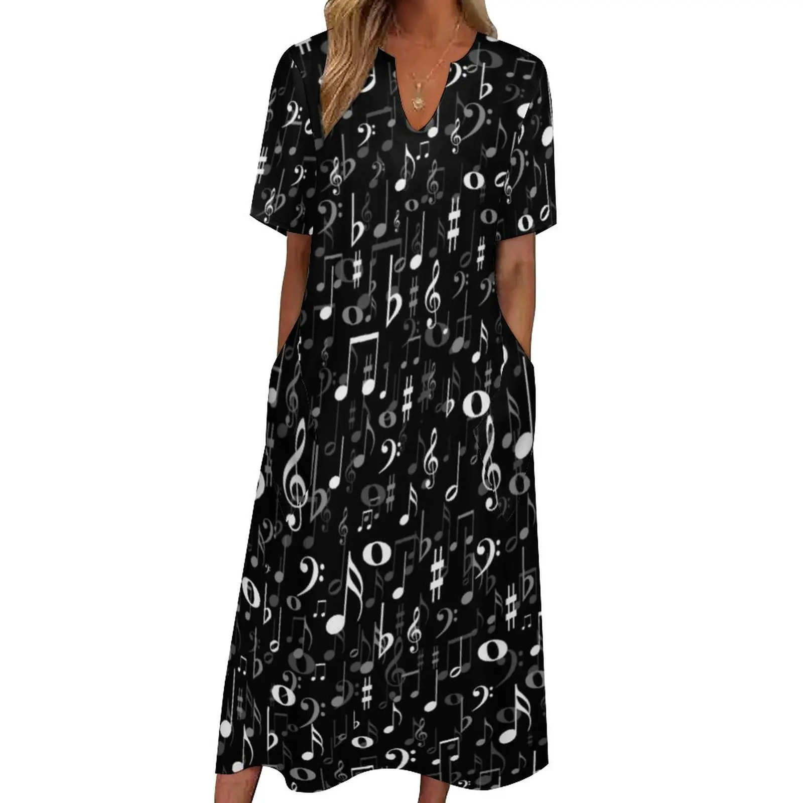 Fun-Music-Notes-Dress-Black-And-White-Vintage-Maxi-Dress-Street-Style ...