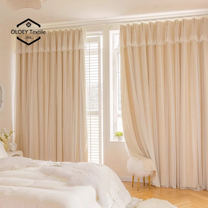 Luxury French Cream Double Layer Princess Blackout Curtains for Living ...