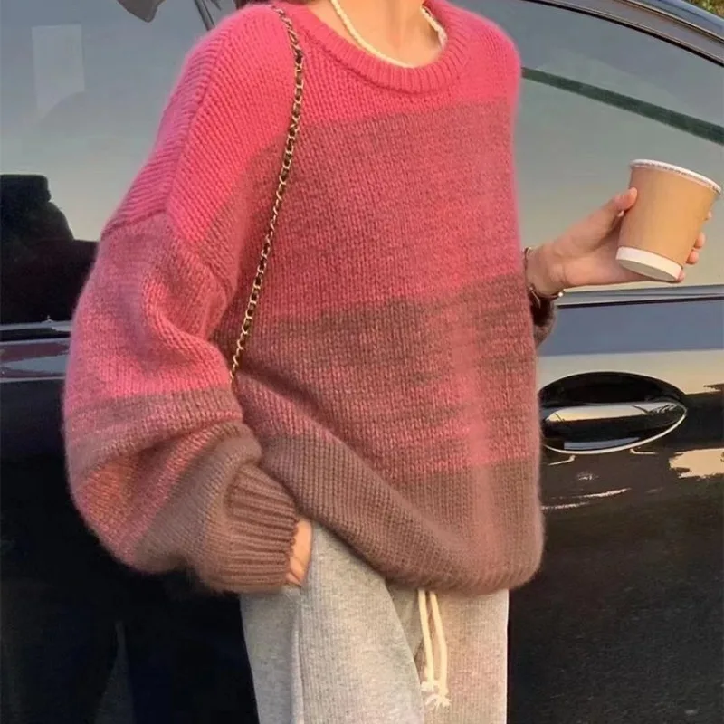 Autumn Winter Women's Fashion Contrast Color Gradient Sweaters Korean ...